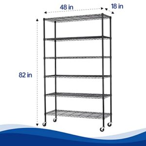 Storage Shelves 2100Lbs Capacity, 6-Shelf on Casters 48" L×18" W×72" H Commercial Wire Shelving Unit Adjustable Layer Metal Rack Strong Steel for Restaurant Garage Pantry Kitchen,Black