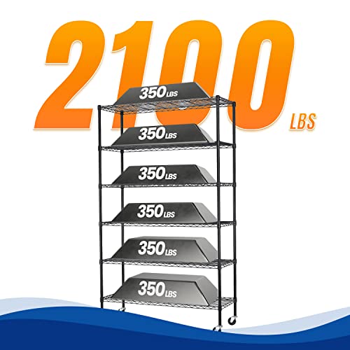 Storage Shelves 2100Lbs Capacity, 6-Shelf on Casters 48" L×18" W×72" H Commercial Wire Shelving Unit Adjustable Layer Metal Rack Strong Steel for Restaurant Garage Pantry Kitchen,Black