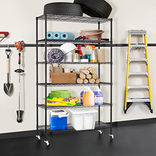 Storage Shelves 2100Lbs Capacity, 6-Shelf on Casters 48" L×18" W×72" H Commercial Wire Shelving Unit Adjustable Layer Metal Rack Strong Steel for Restaurant Garage Pantry Kitchen,Black