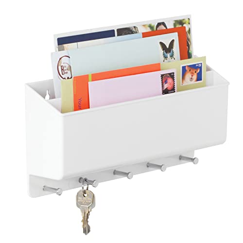 mDesign Wall Mount Plastic Divided Mail Organizer Storage Basket - 2 Sections, 5 Metal Peg Hooks - for Entryway, Mudroom, Hallway, Kitchen, Office - Holds Letters, Magazines, Coats, Keys - White