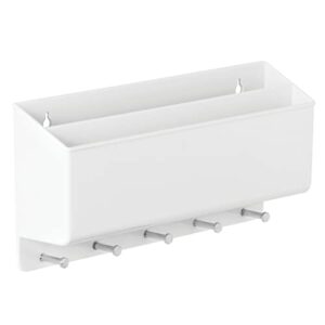 mDesign Wall Mount Plastic Divided Mail Organizer Storage Basket - 2 Sections, 5 Metal Peg Hooks - for Entryway, Mudroom, Hallway, Kitchen, Office - Holds Letters, Magazines, Coats, Keys - White