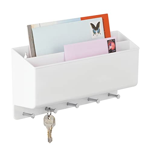 mDesign Wall Mount Plastic Divided Mail Organizer Storage Basket - 2 Sections, 5 Metal Peg Hooks - for Entryway, Mudroom, Hallway, Kitchen, Office - Holds Letters, Magazines, Coats, Keys - White