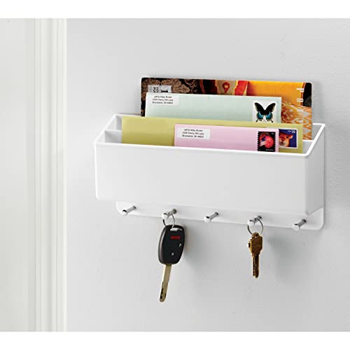 mDesign Wall Mount Plastic Divided Mail Organizer Storage Basket - 2 Sections, 5 Metal Peg Hooks - for Entryway, Mudroom, Hallway, Kitchen, Office - Holds Letters, Magazines, Coats, Keys - White