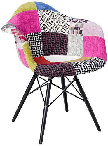 2xhome Mid Century Modern Arm Chair with Black Wood Legs, Patchwork A Fabric