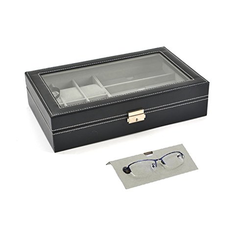 AUTOARK Leather 6 Watch and 3 Eyeglasses&Sunglasses Box with Jewelry Display Case Organizer,Mens Women Storage Holder Boxes,Glass Top,Black,AW-004