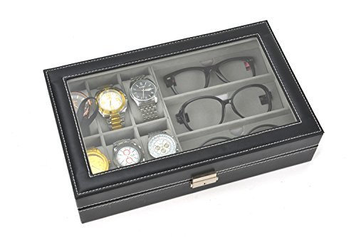 AUTOARK Leather 6 Watch and 3 Eyeglasses&Sunglasses Box with Jewelry Display Case Organizer,Mens Women Storage Holder Boxes,Glass Top,Black,AW-004