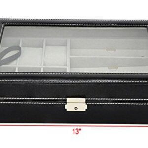 AUTOARK Leather 6 Watch and 3 Eyeglasses&Sunglasses Box with Jewelry Display Case Organizer,Mens Women Storage Holder Boxes,Glass Top,Black,AW-004