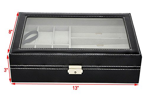 AUTOARK Leather 6 Watch and 3 Eyeglasses&Sunglasses Box with Jewelry Display Case Organizer,Mens Women Storage Holder Boxes,Glass Top,Black,AW-004