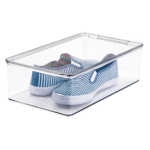 mDesign Stackable Plastic Closet Shelf Shoe Storage Organizer Box with Lid for Mens, Womens, Kids Sandals, Flats, Sneakers - Clear