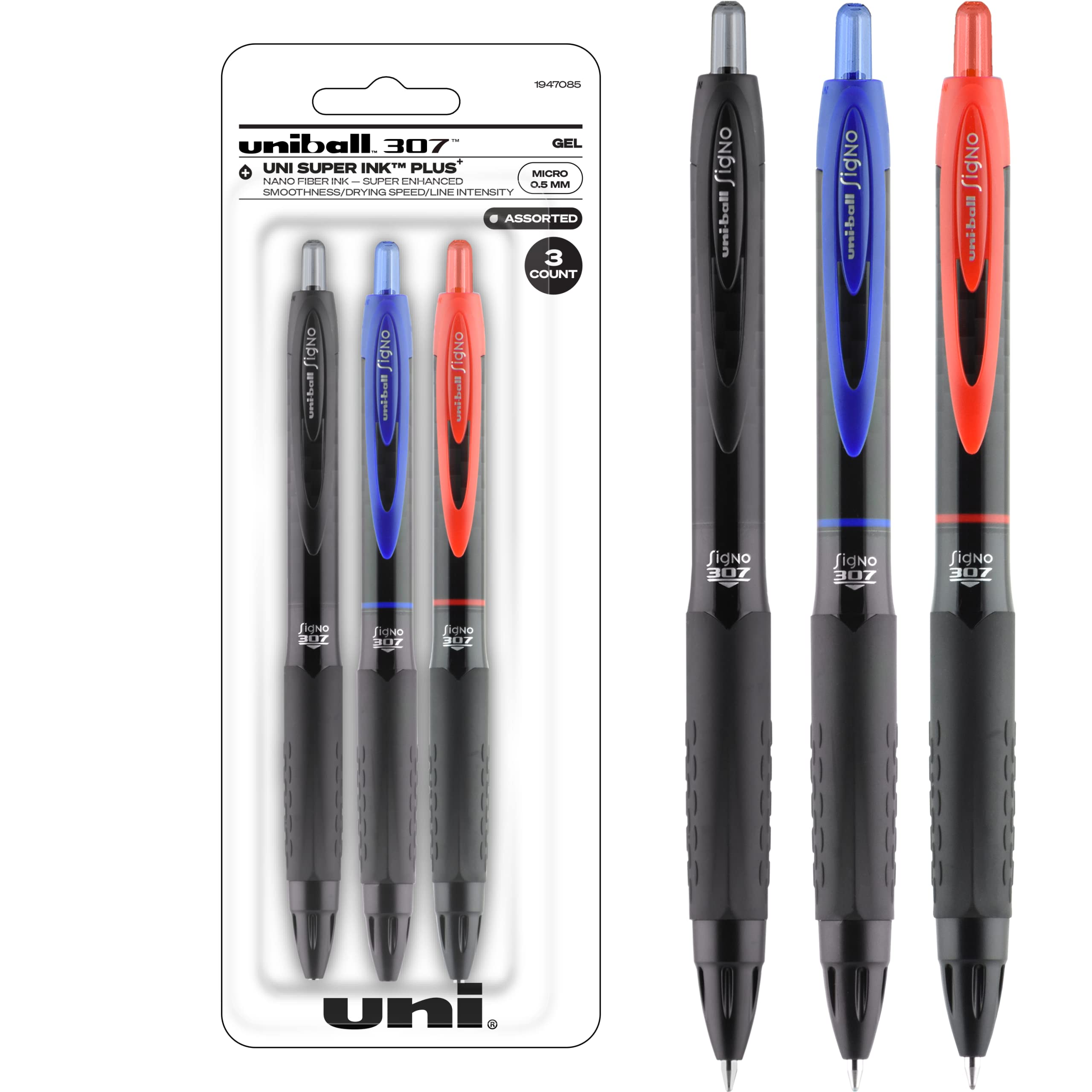 uni-ball 307 Retractable Gel Pens, Micro Point (0.5mm), Assorted, 3 Count