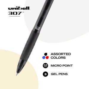 uni-ball 307 Retractable Gel Pens, Micro Point (0.5mm), Assorted, 3 Count