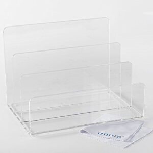 Unum Crystal Clear Acrylic Desktop File Sorter Holder - Lucite Mail, Paper, Folder, Letter Organizer – Makeup Palette Organizer - Thick Cast Acrylic 9" x 6.75" x 6.5"