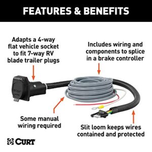 CURT 57186 4-Way Flat Vehicle-Side to 7-Way RV Blade Trailer Adapter with Brake Controller Wiring