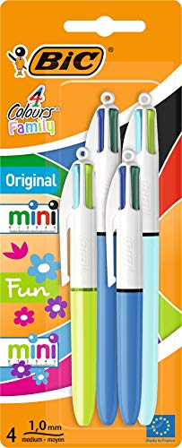 BIC 4 Colours Family Pen Pack - Variety Pack of 4 Pens Total (2 Original Size and 2 Mini Size) - Mix of Original and Fashion Colour Inks