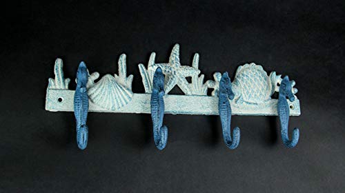 Blue and White Cast Iron Seahorses Decorative Wall Hook Nautical Sea Life Hanging Towel or Coat Rack Beach Home Coastal Accent Decor