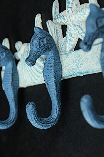 Blue and White Cast Iron Seahorses Decorative Wall Hook Nautical Sea Life Hanging Towel or Coat Rack Beach Home Coastal Accent Decor