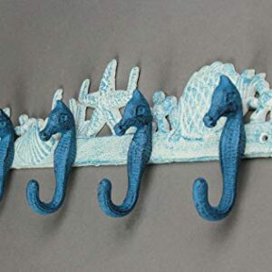 Blue and White Cast Iron Seahorses Decorative Wall Hook Nautical Sea Life Hanging Towel or Coat Rack Beach Home Coastal Accent Decor