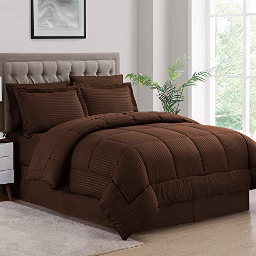 Queen Comforter Set 8 Piece Bed in a Bag with Bed Skirt, Fitted Sheet, Flat Sheet, 2 Pillowcases, 2 Pillow Shams, Queen, Dobby Chocolate