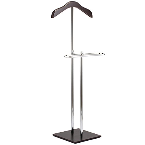 MyGift Brown Wood and Metal Valet and Suit Stand, Executive Men's Garment Organizer Rack Coat and Pants Hanger