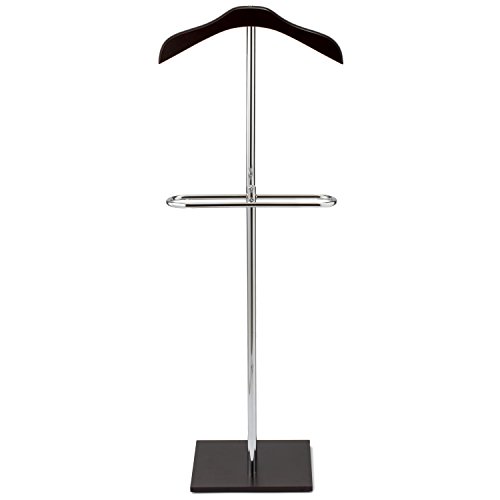 MyGift Brown Wood and Metal Valet and Suit Stand, Executive Men's Garment Organizer Rack Coat and Pants Hanger