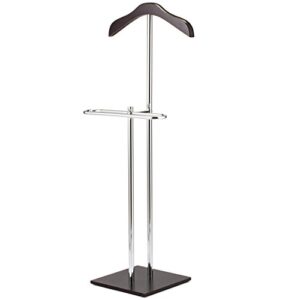 MyGift Brown Wood and Metal Valet and Suit Stand, Executive Men's Garment Organizer Rack Coat and Pants Hanger