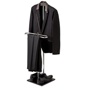 MyGift Brown Wood and Metal Valet and Suit Stand, Executive Men's Garment Organizer Rack Coat and Pants Hanger