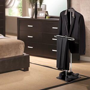 MyGift Brown Wood and Metal Valet and Suit Stand, Executive Men's Garment Organizer Rack Coat and Pants Hanger