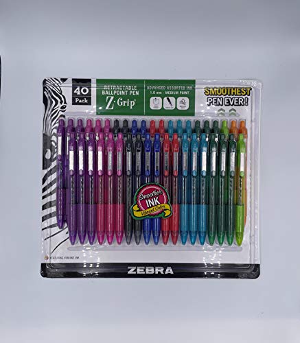 Zebra Z-Grip Retractable Ballpointe Pens Medium Point 1.0mm 40 Count, 9 Assorted Colors