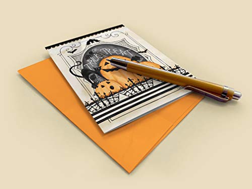 Note Card Cafe Halloween Cards with Tangerine Zest Envelopes | 24 Pack | Trick or Treat Jack-O-Lanterns Design | Blank Inside, Glossy Finish | Greeting, Pumpkin, Fall