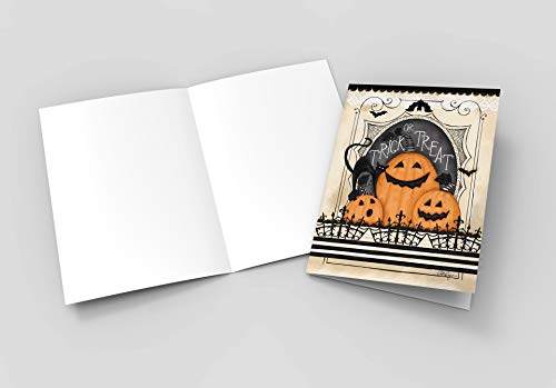 Note Card Cafe Halloween Cards with Tangerine Zest Envelopes | 24 Pack | Trick or Treat Jack-O-Lanterns Design | Blank Inside, Glossy Finish | Greeting, Pumpkin, Fall