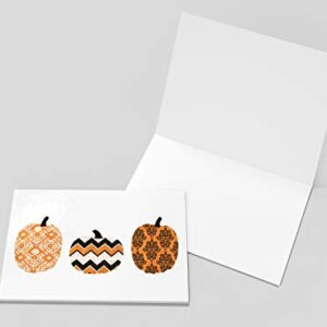 Note Card Cafe Halloween Cards with Tangerine Zest Envelopes | 24 Pack | Patterned Pumpkins Vertical Design | Blank Inside, Glossy Finish | Greeting, Fall, Bulk