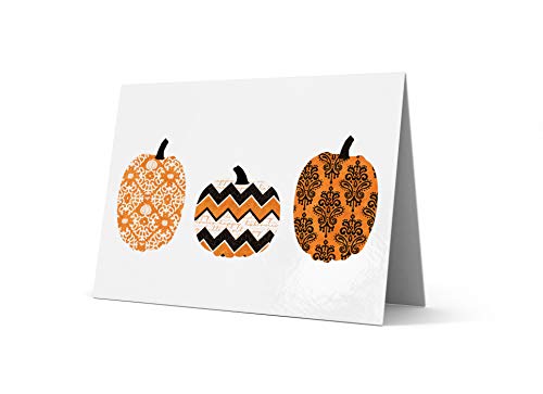 Note Card Cafe Halloween Cards with Tangerine Zest Envelopes | 24 Pack | Patterned Pumpkins Vertical Design | Blank Inside, Glossy Finish | Greeting, Fall, Bulk