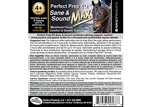 Perfect Prep EQ Sane and Sound MAX Horse Calming Paste, Long-Acting, Max Strength Calming for Soundness and Anxiety, Show Safe, 60cc