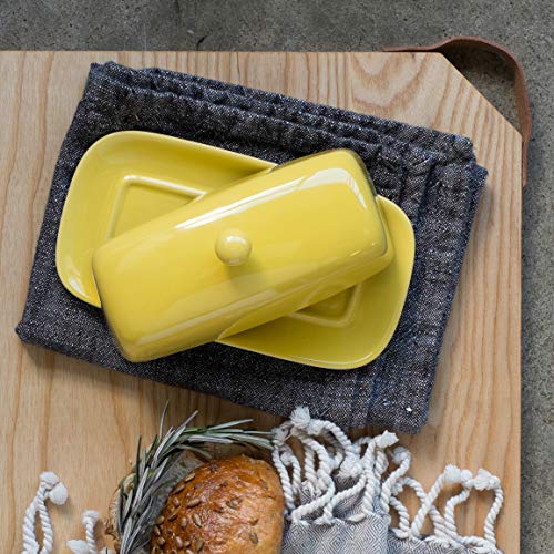 Now Designs Stoneware Rectangle Butter Dish with Lid, Lemon Yellow 4.5 x 8 in