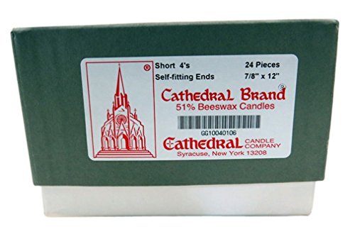 Cathedral Brand 51% Beeswax Short 4's Candles with Self-Fitting Ends, 7/8 Inch x 12 Inch, Box of 24