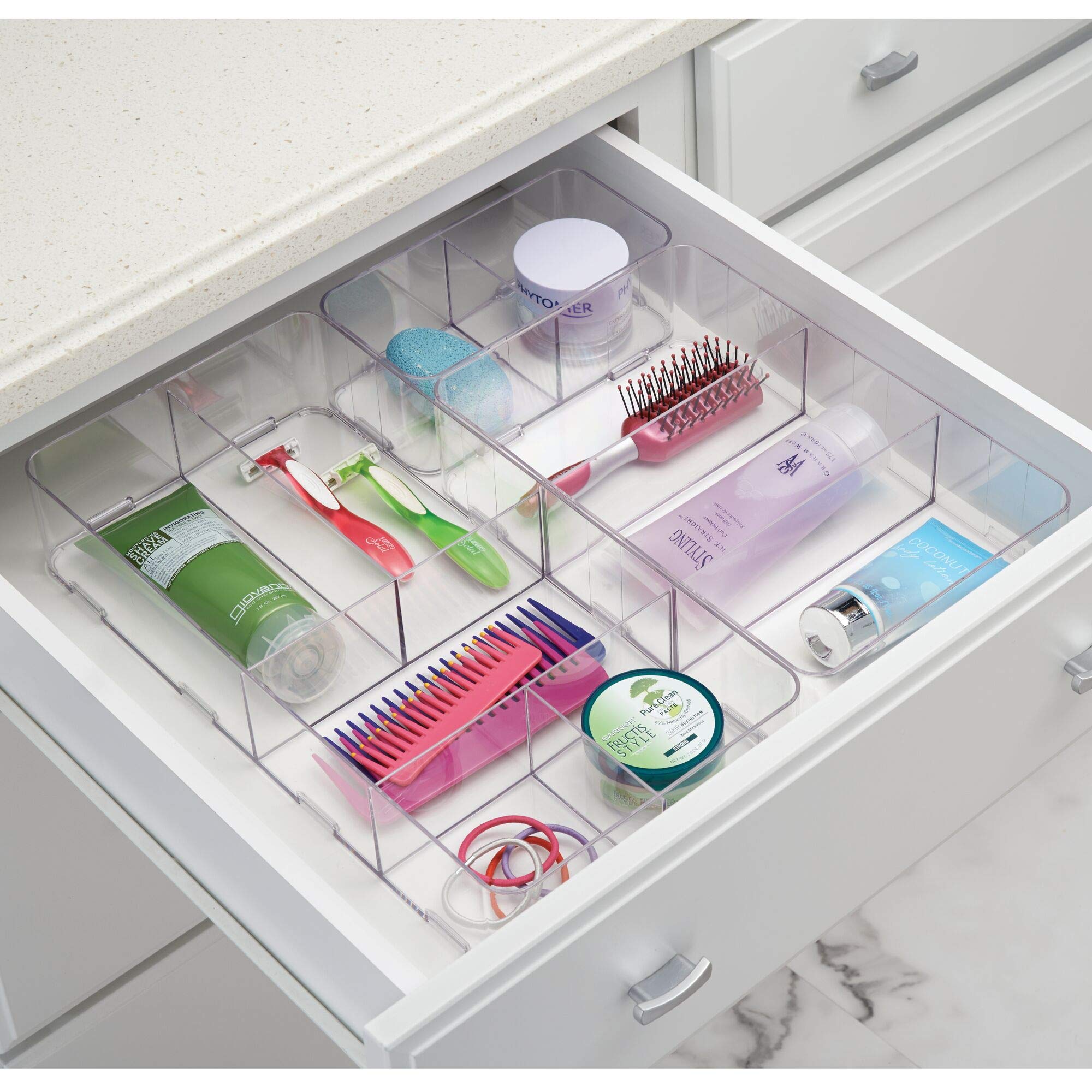 iDesign Clarity Plastic Divided Organizer, Interlocking Storage Container for Vanity, Bathroom, Kitchen Drawers, 16" x 8" x 3", 5 Section