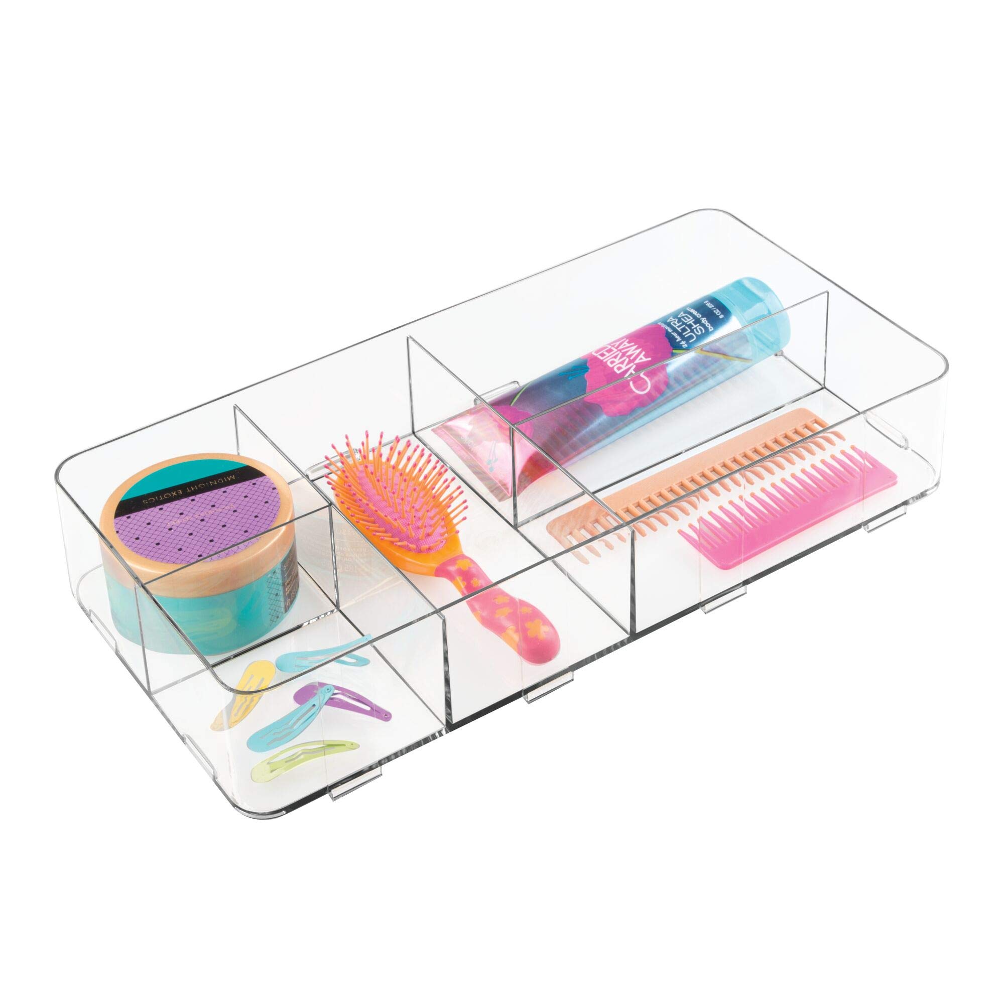 iDesign Clarity Plastic Divided Organizer, Interlocking Storage Container for Vanity, Bathroom, Kitchen Drawers, 16" x 8" x 3", 5 Section