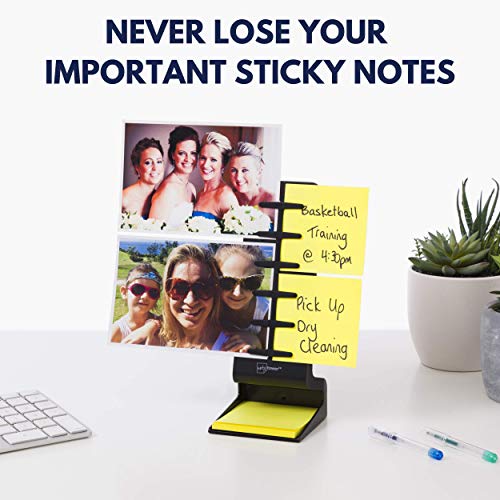 Note Tower Desktop Mini Sticky Note Holder - Prevents Lost & Misplaced Sticky Notes, Displays up to 4 Photos, Includes 50 Sheets of 3" x 3" Sticky Notes, Easy One-Handed Paper Insertion, Black