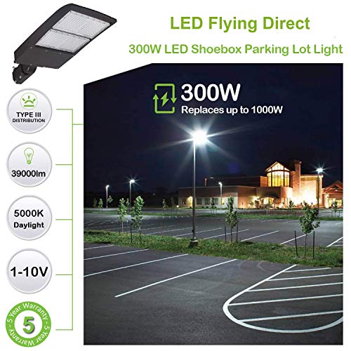 LED Flying Direct 300W LED Parking Lot Lights, 20KV Surge Protection LED Shoebox Lights with Slip Fitter Mount, 5000K 1000W MH/HPS Equiv. 39,000LM - 40,500LM, DLC Premium UL cUL AC 100-277V