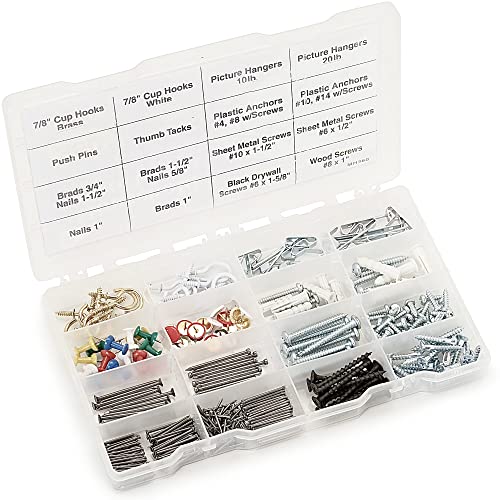 Qualihome Household Repair and Hanging Kit: Screws, Nails, Wall Anchors, Cup Hooks, Picture Hangers, Push Pins, and More