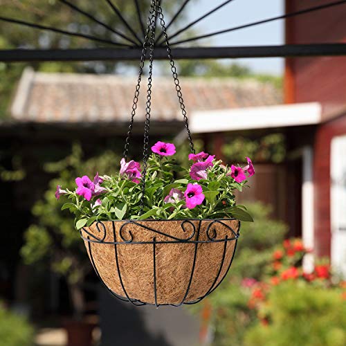 Ashman Metal Hanging Planter Basket with Coco Coir Liner Round Wire Plant Holder Chain Porch Decor Flower Pots Hanger Garden Decoration Indoor Outdoor Watering Hanging Baskets (4)