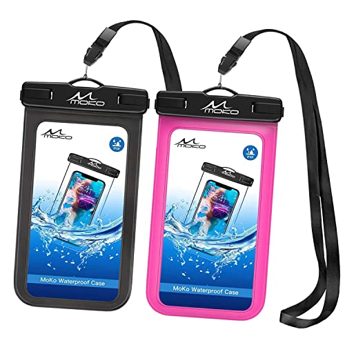 MoKo Waterproof Phone Pouch Holder 2Pack, Underwater Cellphone Case Dry Bag with Lanyard Armband Compatible with iPhone 14 13 12 11 Pro Max X/Xr/Xs/SE 3, Samsung S21/S10, Black+Magenta