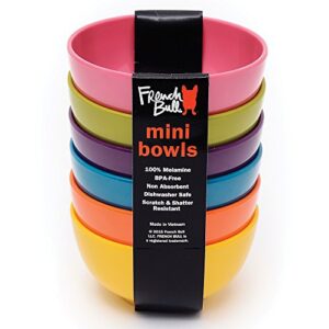 french bull melamine mini bowls for snacks, side dishes, dessert, dipping sauces or ice cream - colorful assorted set of 6-10 ounce - 4" bowls - solid color