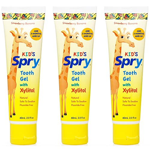 Spry All Natural Kids Fluoride Free Toothpaste Tooth Gel with Xylitol, Age 3 Months and Up Kids Toothpaste, Strawberry Banana 2 Fl Oz (Pack of 3)