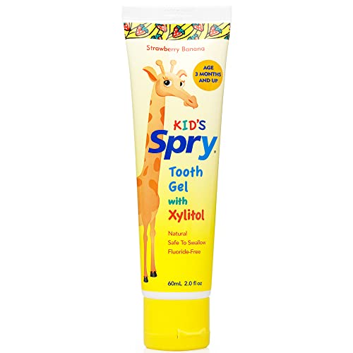 Spry All Natural Kids Fluoride Free Toothpaste Tooth Gel with Xylitol, Age 3 Months and Up Kids Toothpaste, Strawberry Banana 2 Fl Oz (Pack of 3)