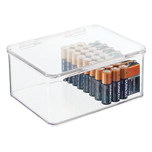 mDesign Plastic Small Stackable Divided Battery Storage Organizer Box with Hinged Lid for AA, AAA, C, D, 9 Volt Sizes, Great Storage for Kitchens, Home Offices, Lumiere Collection, Clear