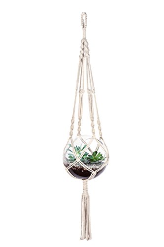 Mkono Macrame Plant Hanger Indoor Outdoor Hanging Planter Basket Cotton Rope 4 Legs 41 Inch