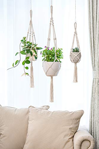 Mkono Macrame Plant Hanger Indoor Outdoor Hanging Planter Basket Cotton Rope 4 Legs 41 Inch