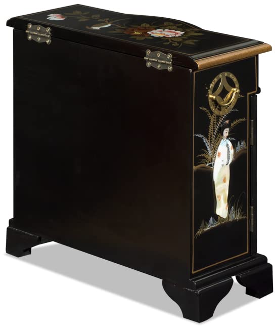 ChinaFurnitureOnline Wooden Oriental Jewelry Chest, Black Lacquer Chinoiserie with Pearl Maidens