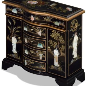 ChinaFurnitureOnline Wooden Oriental Jewelry Chest, Black Lacquer Chinoiserie with Pearl Maidens